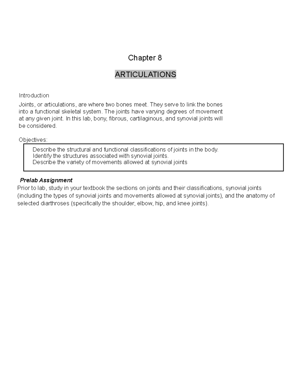 Lab 8 Articulations - Joints and movements - Chapter 8 ARTICULATIONS ...