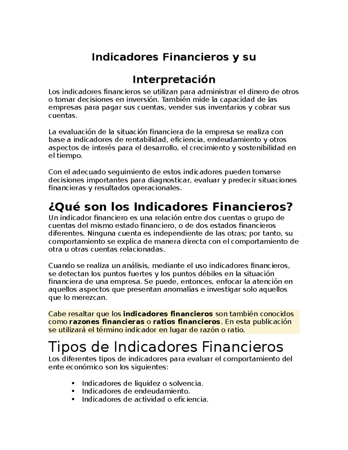 Indicadores Financieros y su Interpretación - Indicadores Financieros y ...
