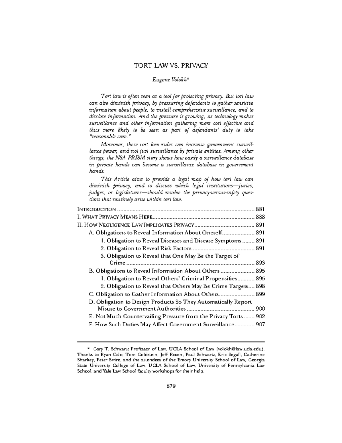 Tort vs privacy - 879 TORT LAW VS. PRIVACY Eugene Volokh * Tort law is ...