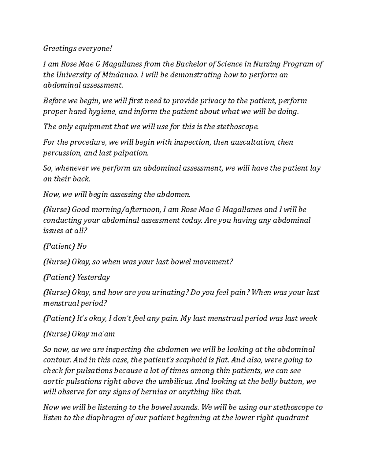 Abdominal Assessment - Greetings everyone! I am Rose Mae G Magallanes ...