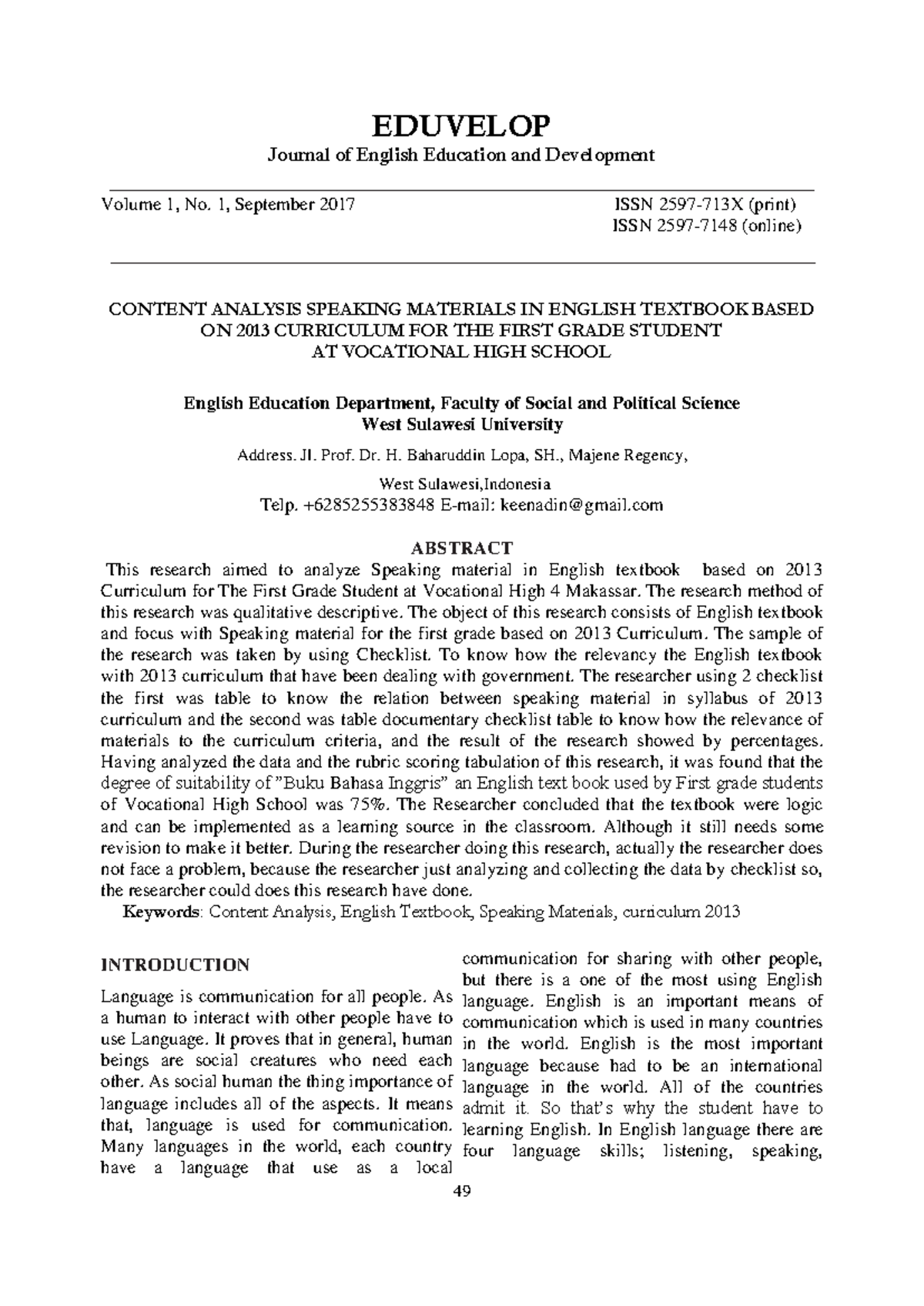 Content Analysis Speaking Materials in English Textbook Based on 2013 ...
