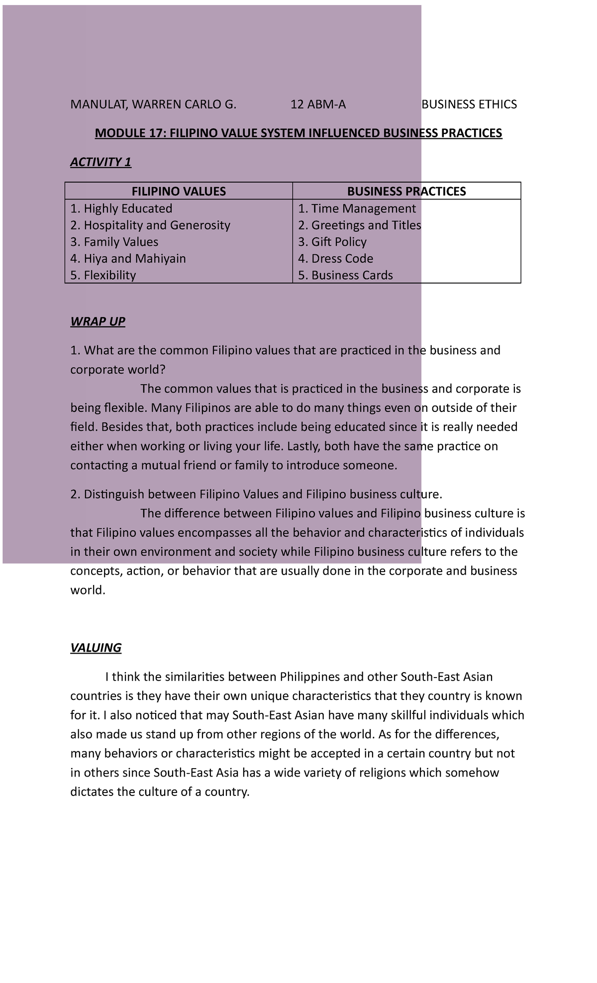 Ethics 17 business ethics part 1 grade 12 - MANULAT, WARREN CARLO G. 12 ...