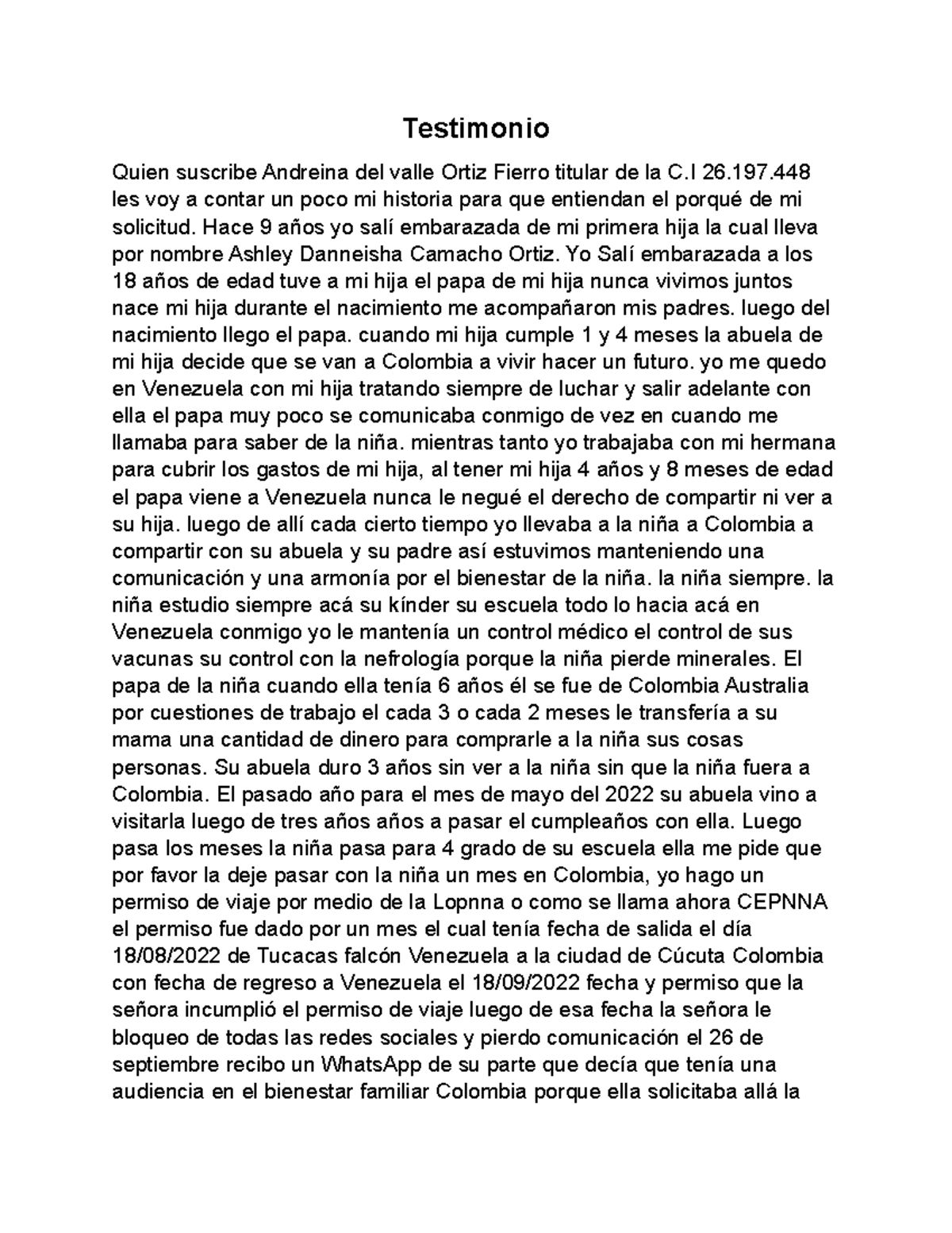 Testimonio.docx bamban - Testimonio Quien suscribe Andreina del valle ...
