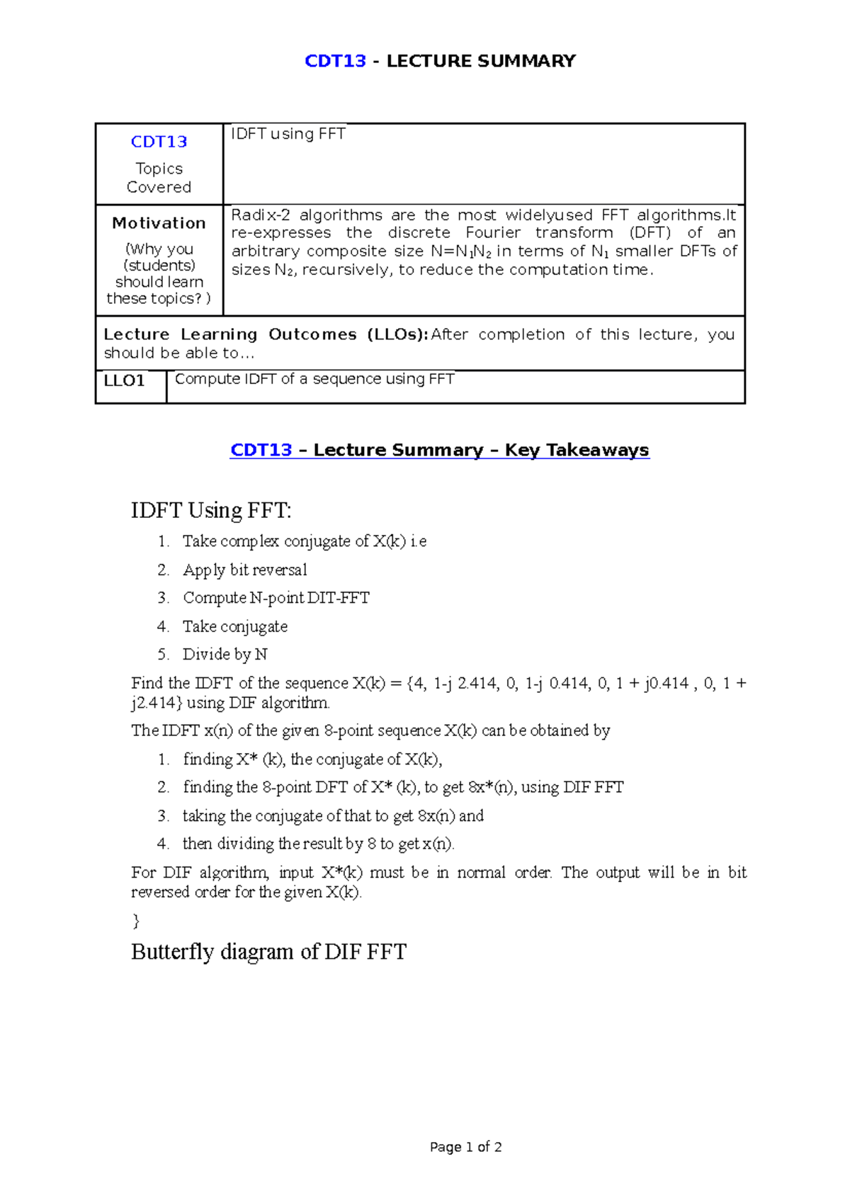 Inverse Discrete Fourier Transform Using Fft Cdt13 Lecture Summary