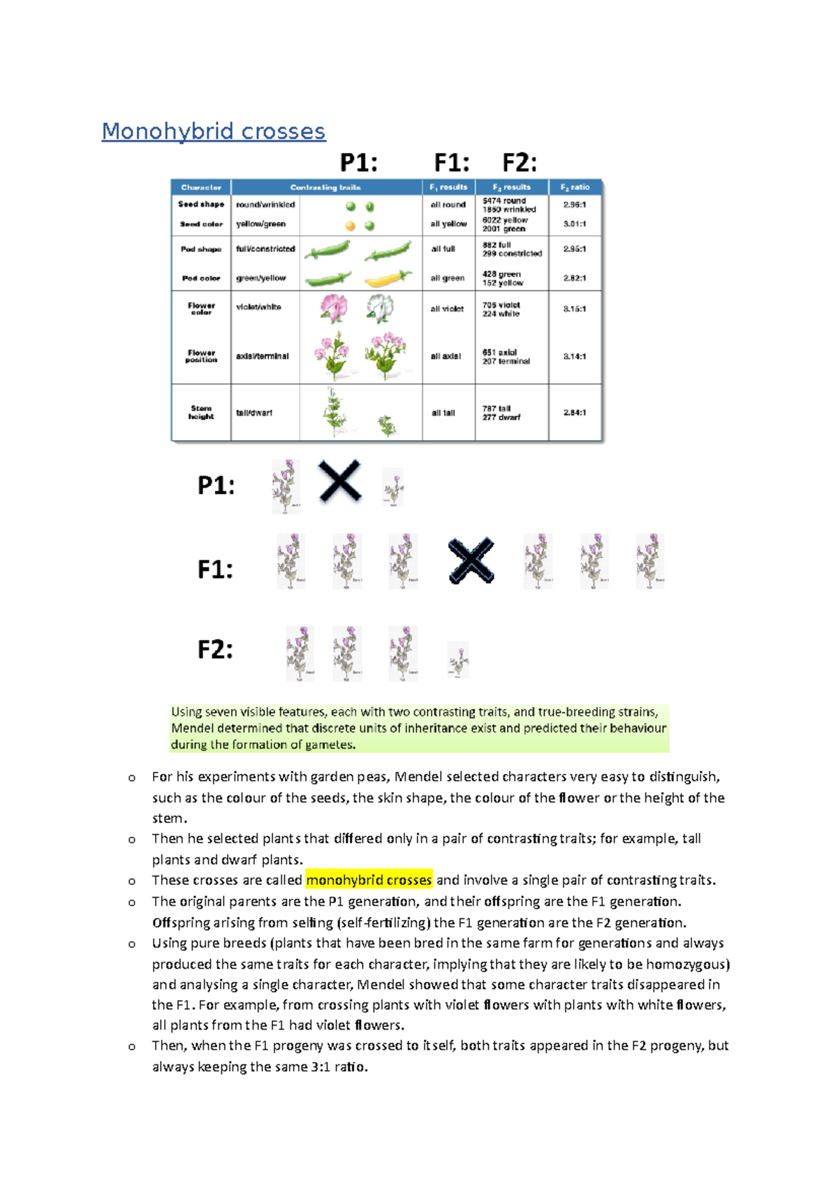 Mendelian genetics - Lecture notes 2 - Monohybrid crosses o For his ...