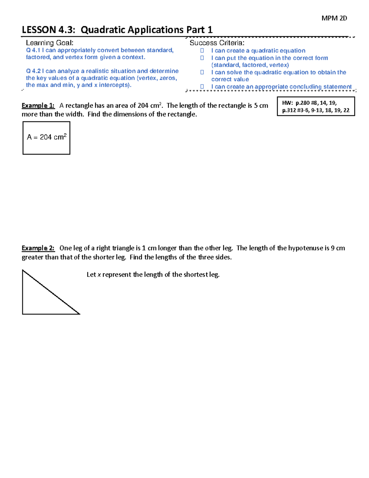 4.3 - Quadratic Applications Part 1 - MPM 2D LESSON 4: Quadratic ...