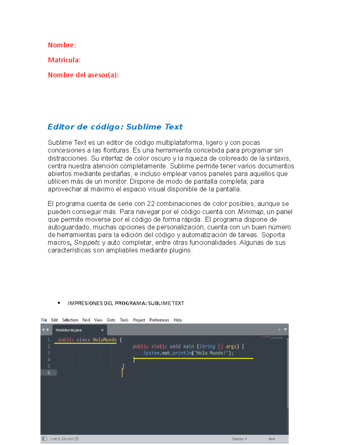 R2 U1- Editor de codigo texto - Sublime text - Nombre: Matricula ...