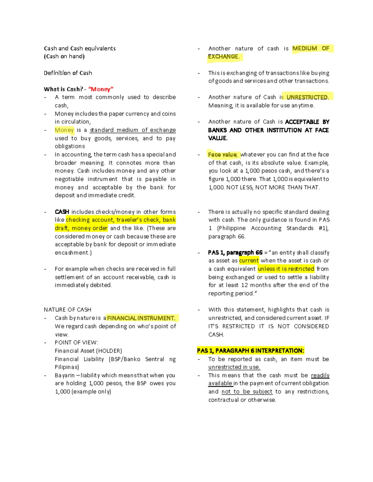 Cash and Cash equivalents review - Cash and Cash equivalents (Cash on ...