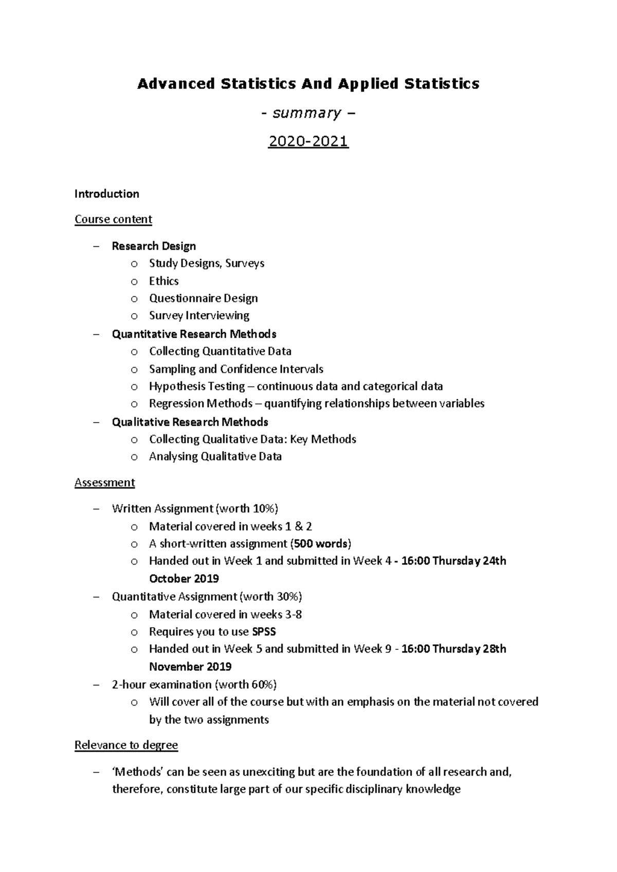Advanced Statistics And Applied Statistics summary 20202021 - is it a ...
