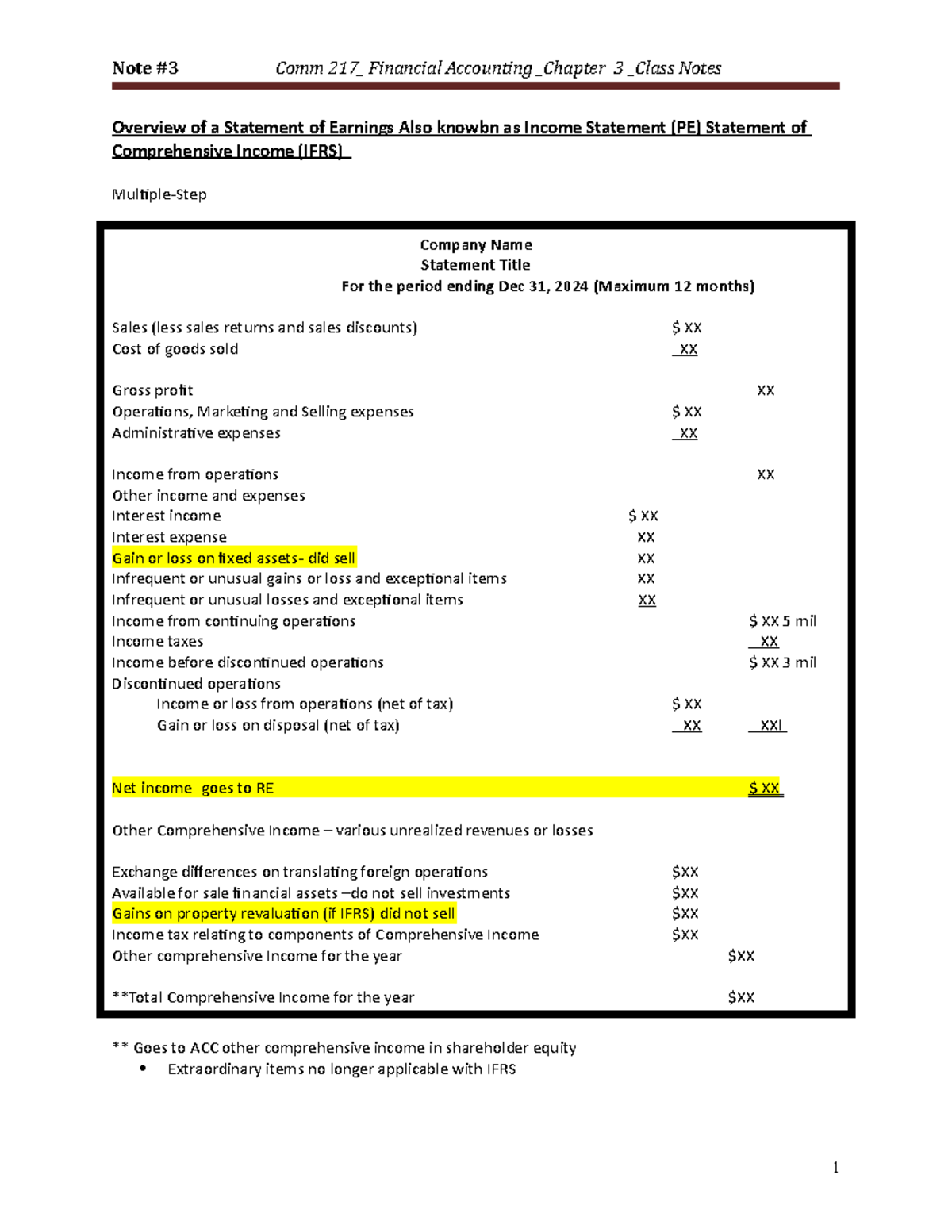 Notes Chapter 3 comm 217 - Overview of a Statement of Earnings Also ...