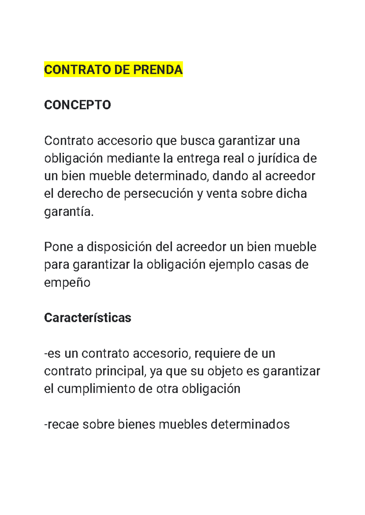 Contrato DE Prenda - CONTRATO DE PRENDA CONCEPTO Contrato accesorio que ...