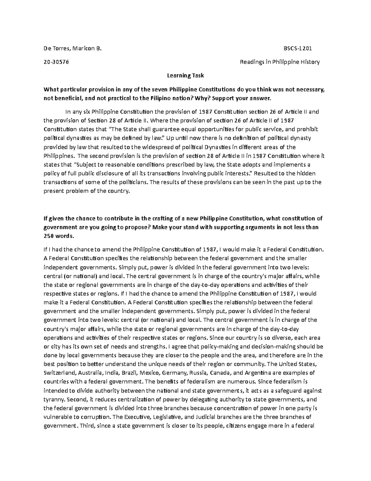 Learning Task(Readings In the Philippine History) - De Torres, Maricon ...