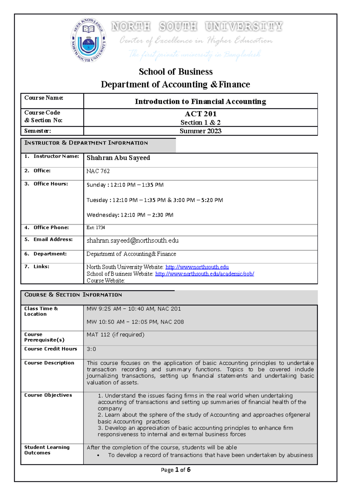 Act 201 course outline summer 23 - School of Business Department of ...