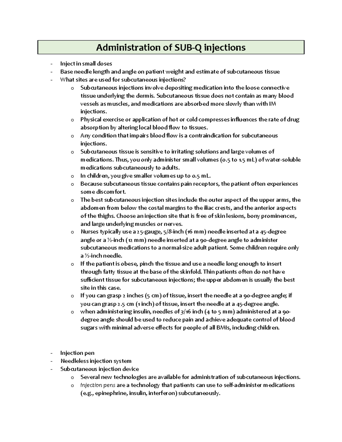 NUR- SUBQ - In depth lecture notes on the administration of sub-q ...