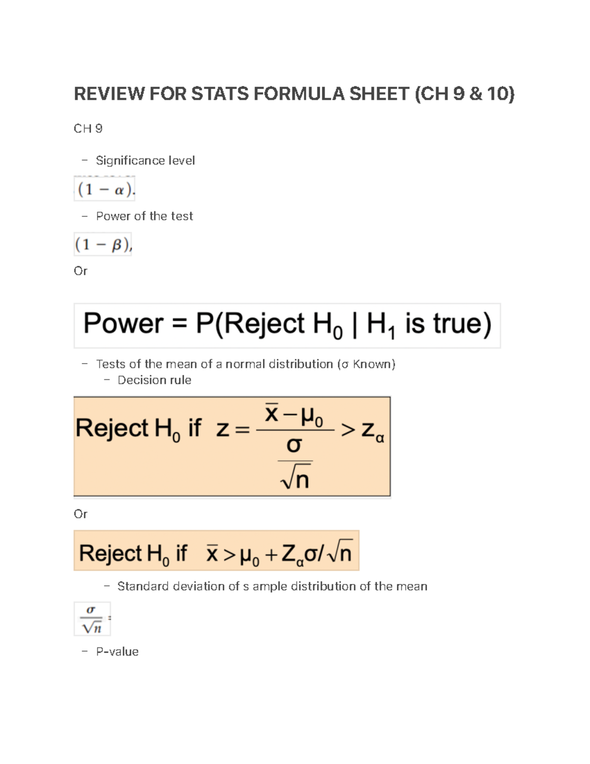 Review FOR Stats Formula Sheet (CH 9 & 10) - – – – – – – REVIEW FOR ...