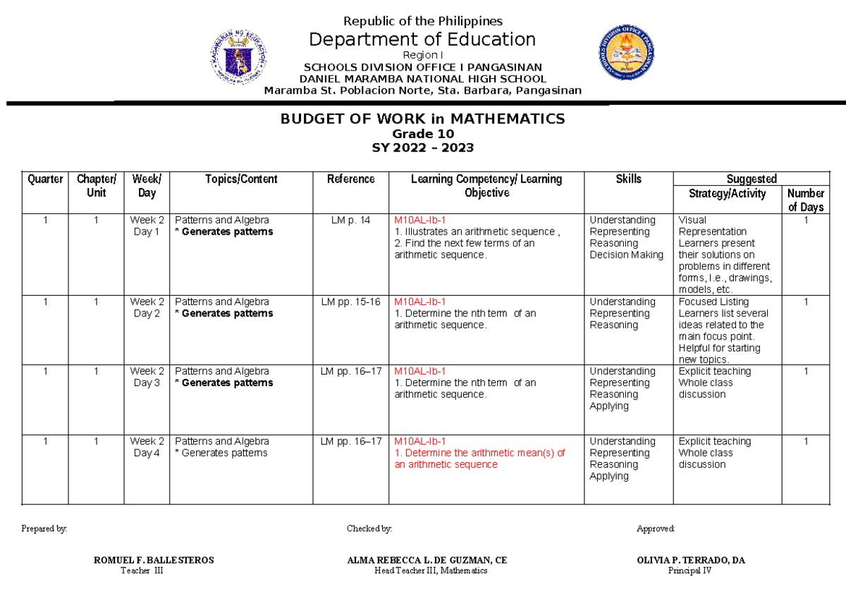 BOW Week 2 - For preparation of Budget of Works in Math 10 - Republic ...