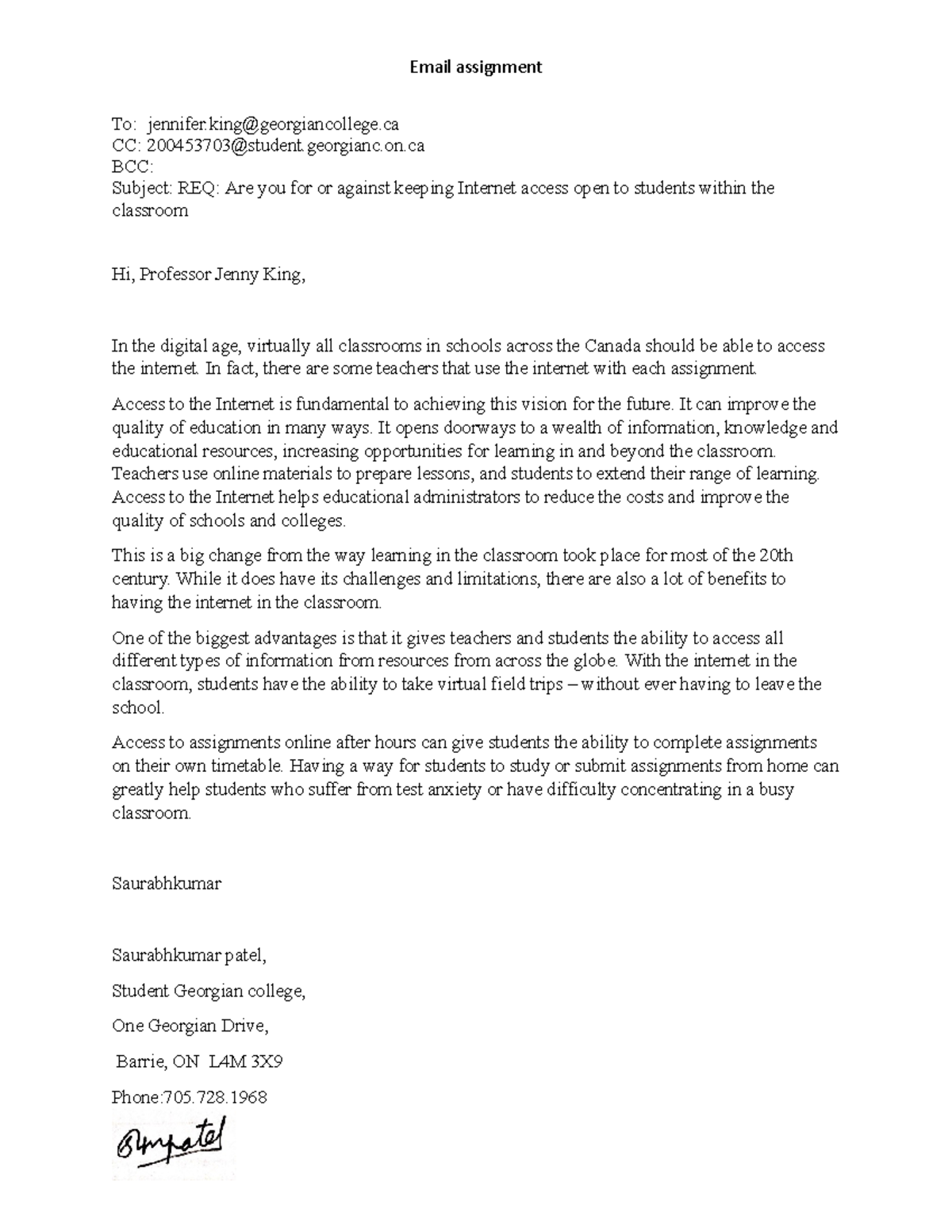 Email assignment - Email assignment To: jennifer@georgiancollege CC ...