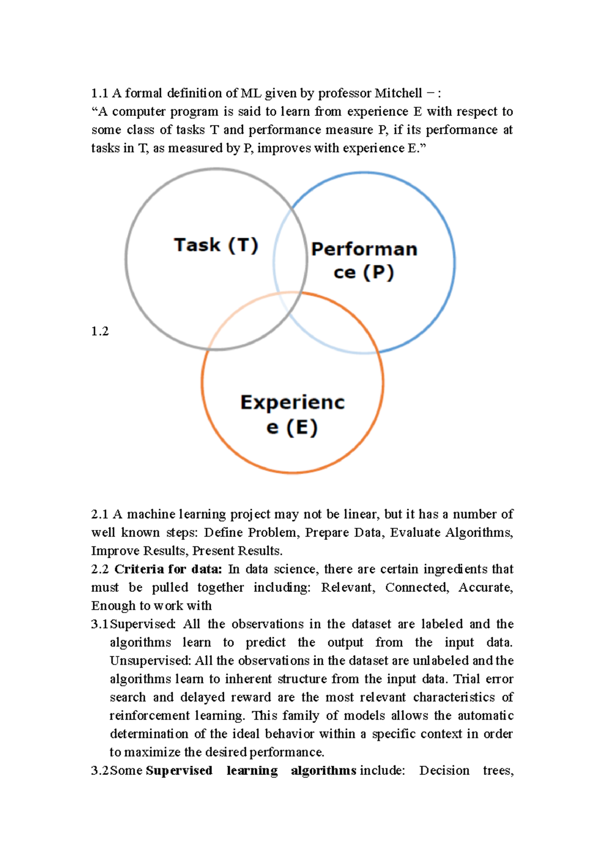 Assignment practice of information - 1 A formal definition of ML given ...