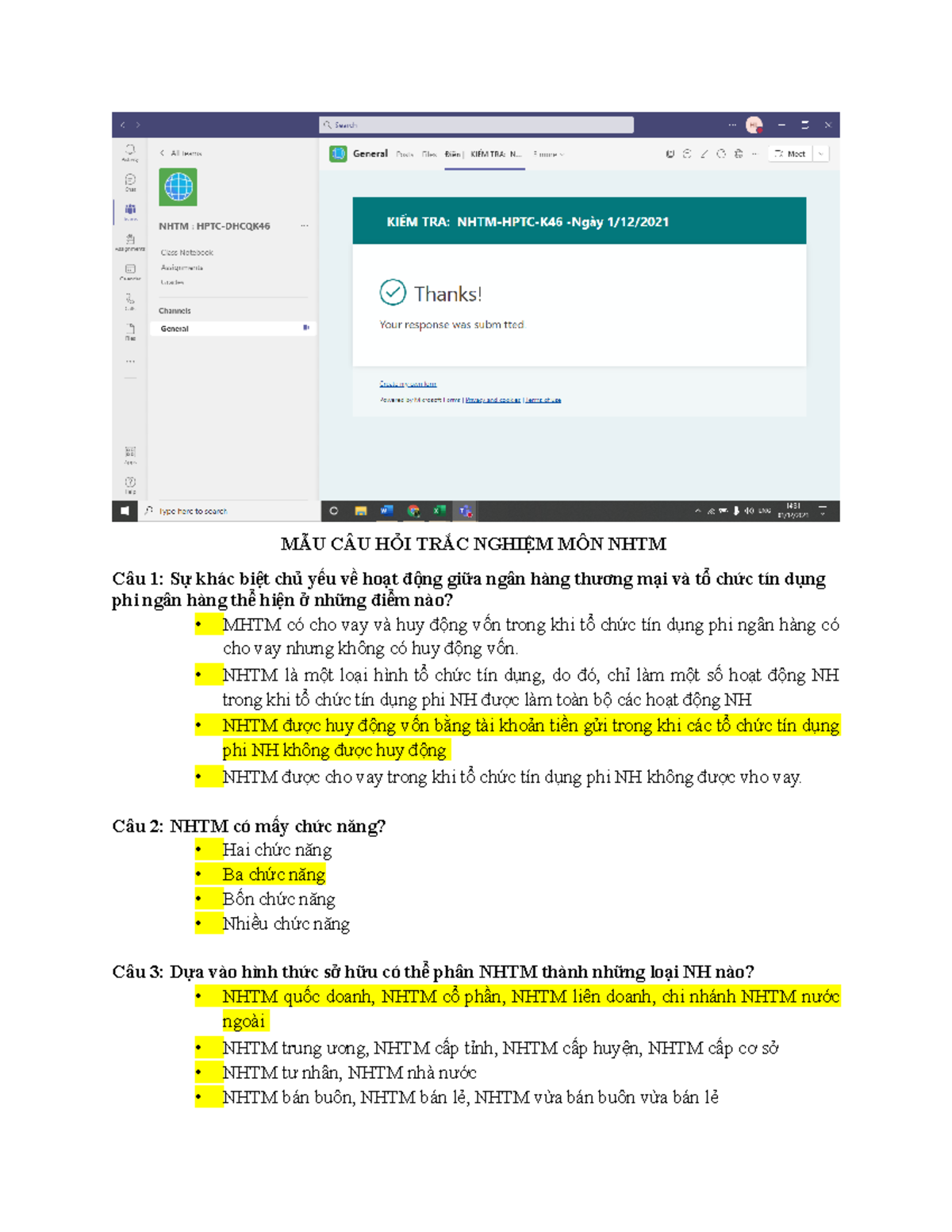 320 Câu NVNH - 320 Câu NVNH - MẪU CÂU HỎI TRẮC NGHIỆM MÔN NHTM Câu 1 ...