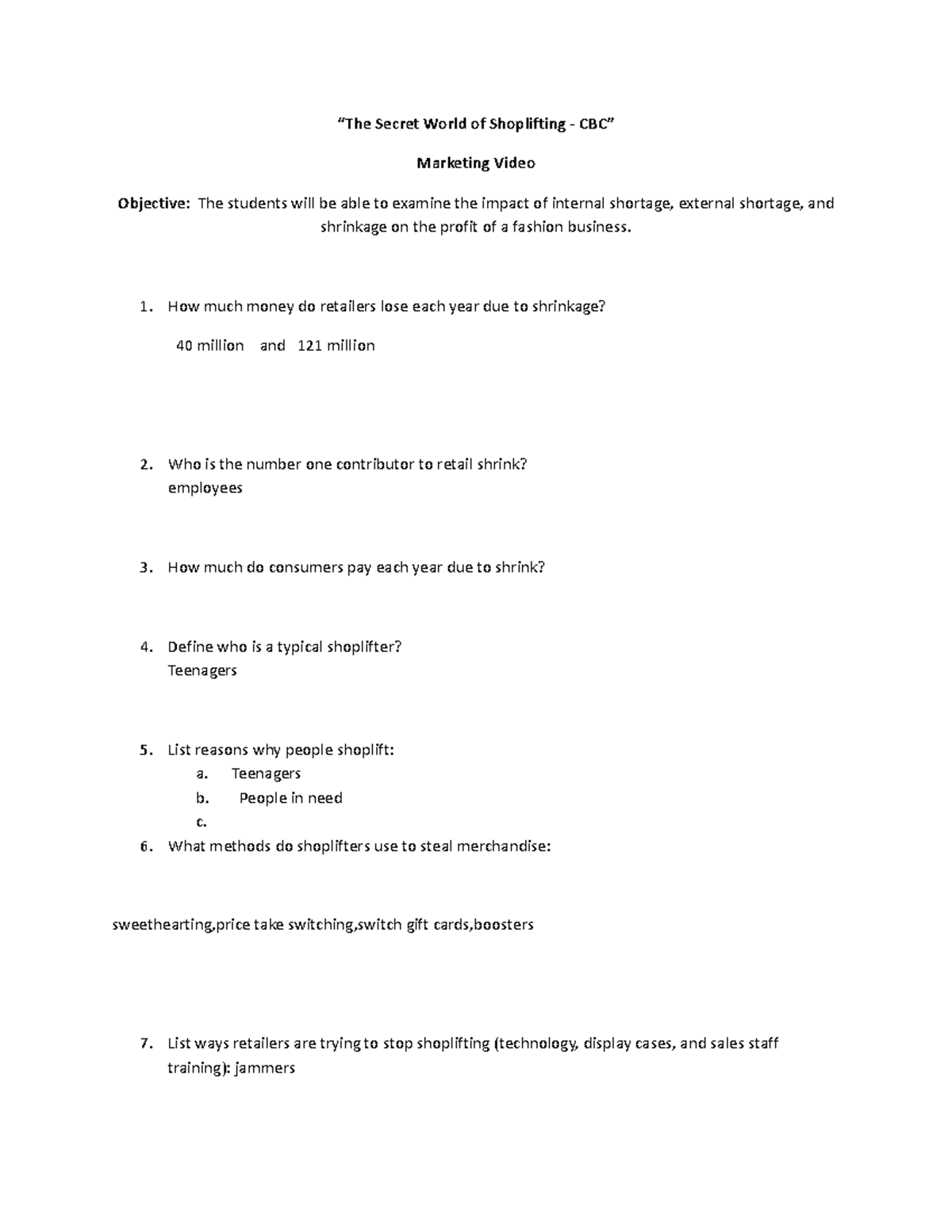 Secret World of Shoplifting - Video Questions - “The Secret World of ...