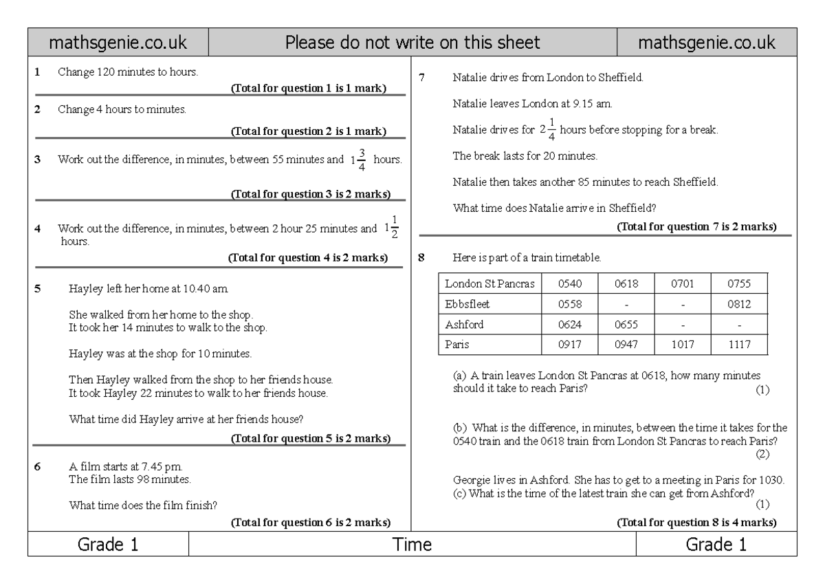 1-time-ws - mathsgenie.co Grade 1 Time Grade 1 Please do not write on ...