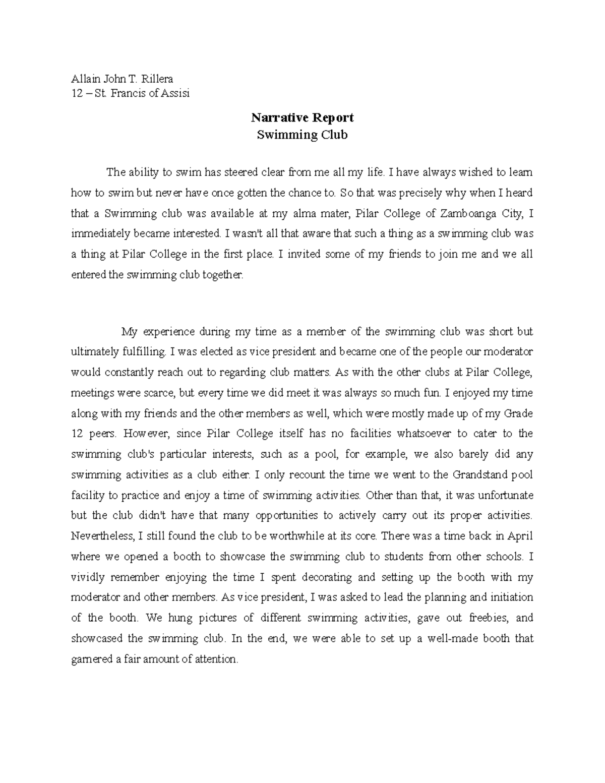 Rillera Swimming Club Narrative Report - Allain John T. Rillera 12 – St ...