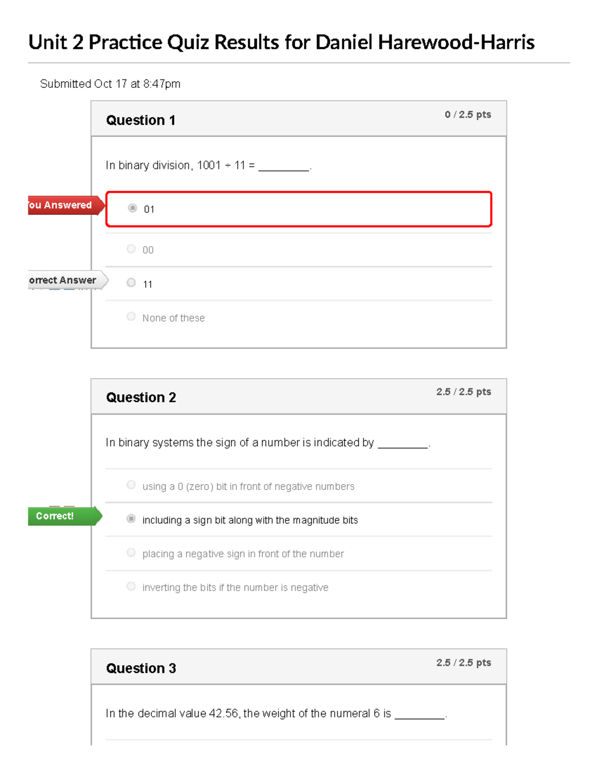 EET130 U2 Quiz - Computers - Unit 2 Prac䀀ce Quiz Results for Daniel ...