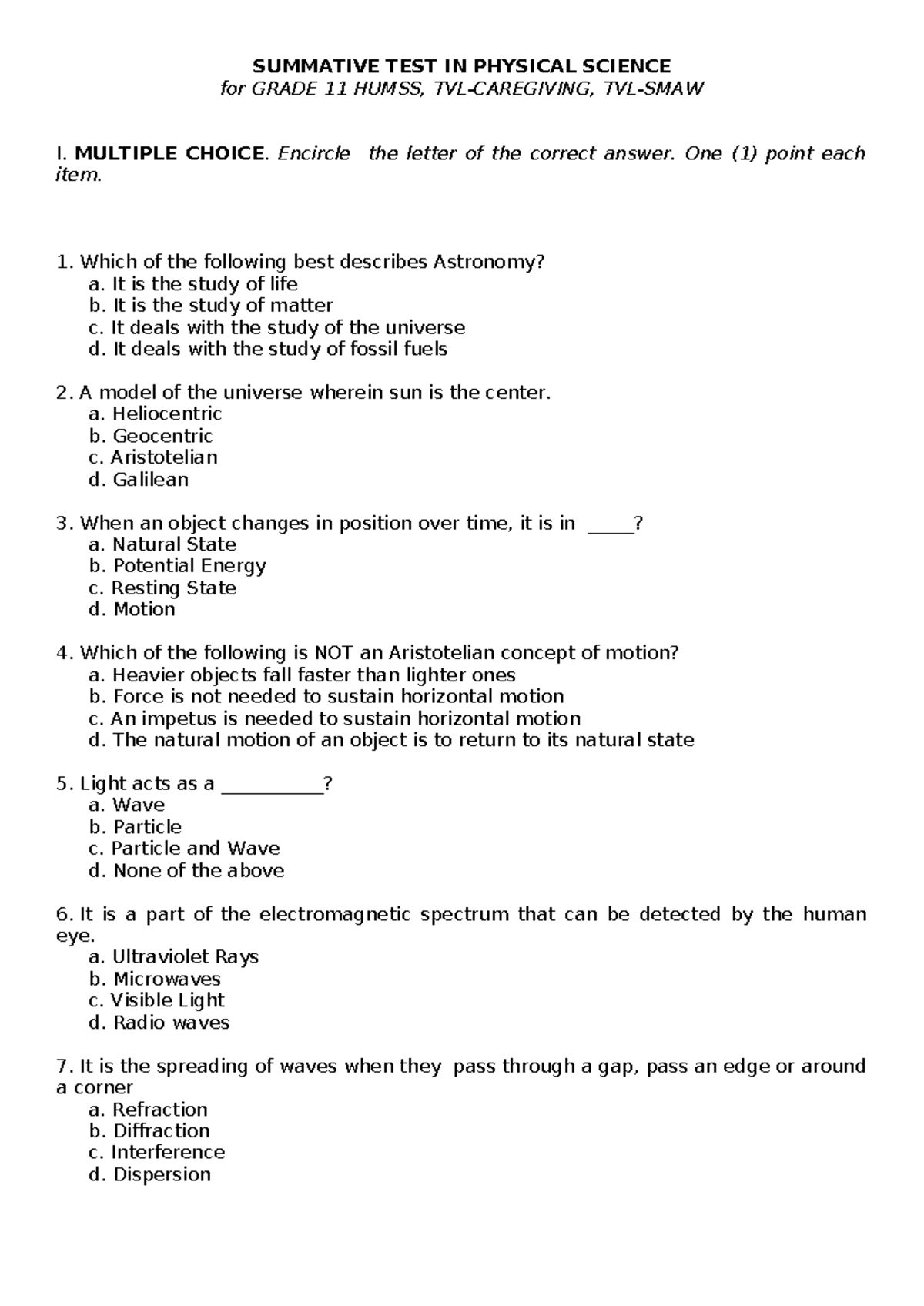 Summative TEST IN Physical Science WEEK 5 - SUMMATIVE TEST IN PHYSICAL ...