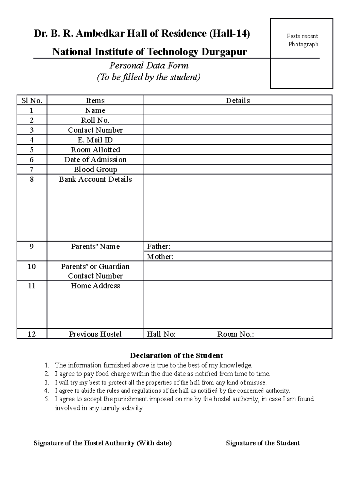 Hall 14 Registration Form - Dr. B. R. Ambedkar Hall of Residence (Hall ...