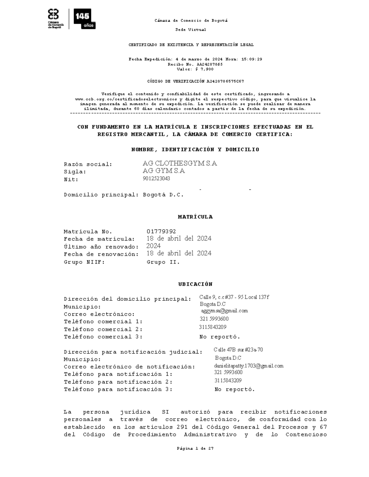 Certificado de Existencia y Representante Legal GSE - Sede Virtual ...