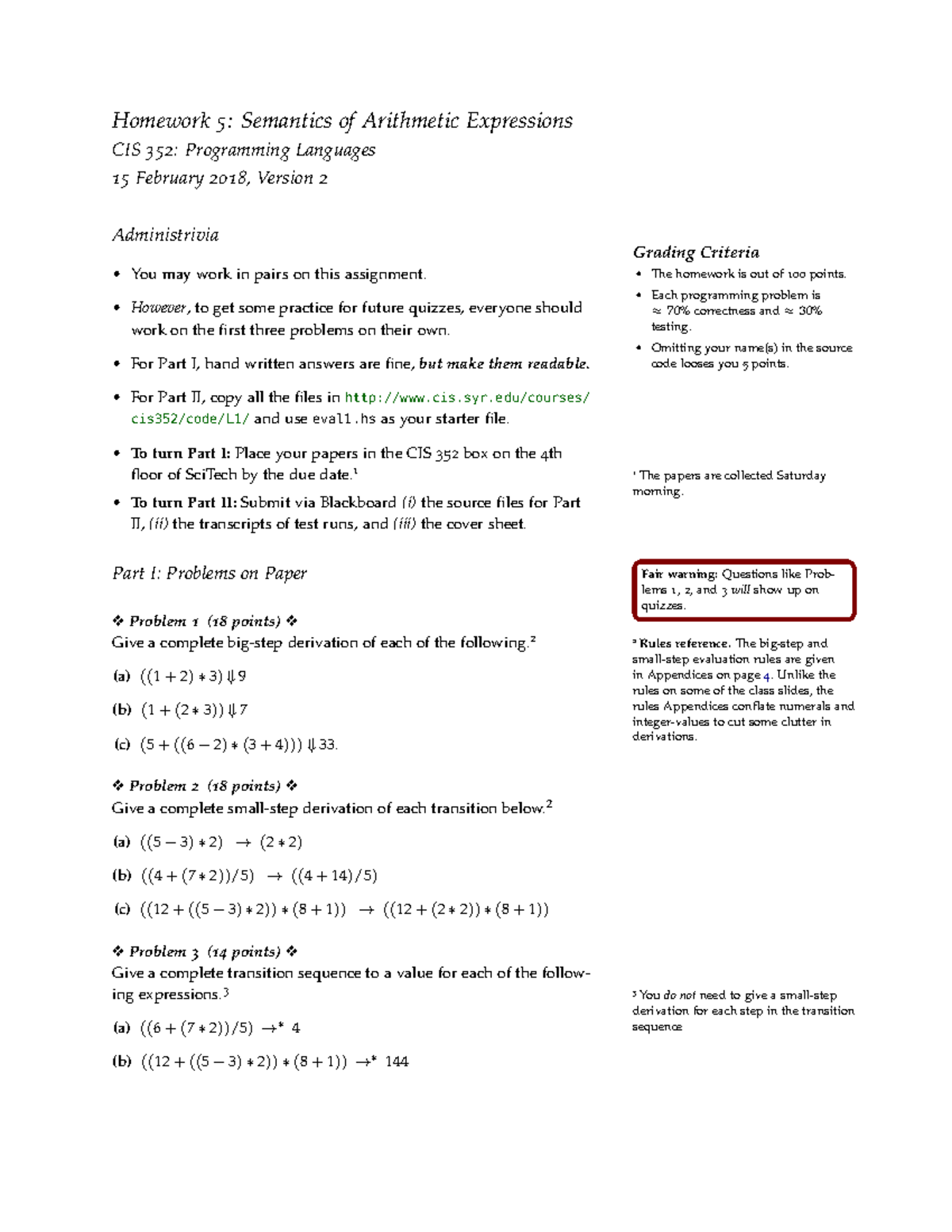 Hw05 - CIS 352 Programming Language: Theory & Practice Professor : Jim Royer - CIS 352 : - Studocu