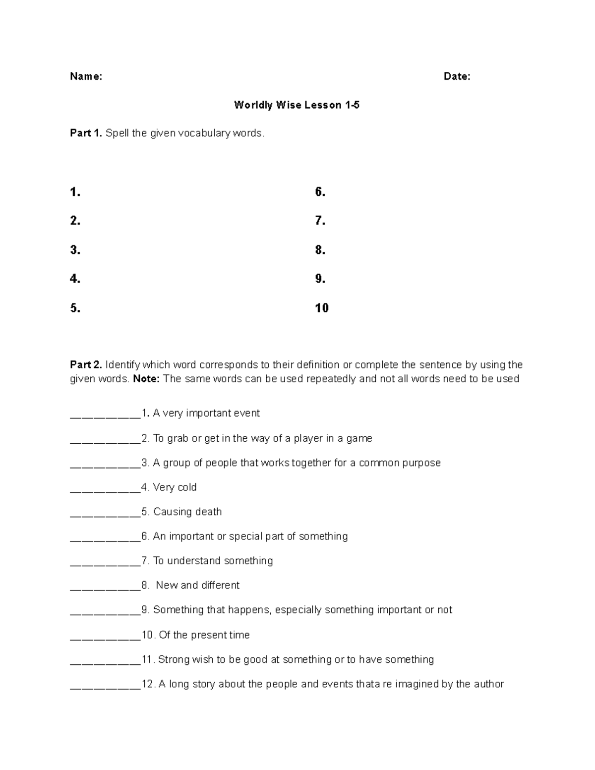 Wordly Wise 3000 Test - Name: Date: Worldly Wise Lesson 1- Part 1 ...