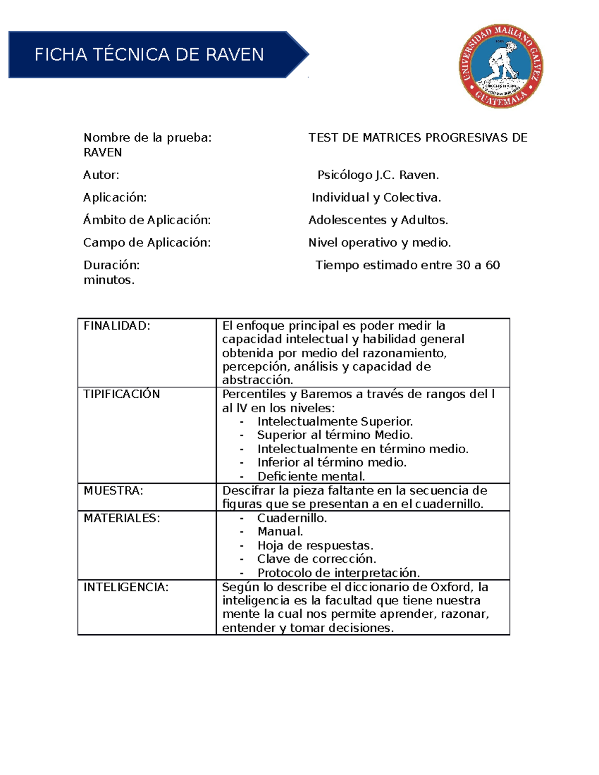 Test de Raven (AUTO Aplicado) - Nombre de la prueba: TEST DE MATRICES ...