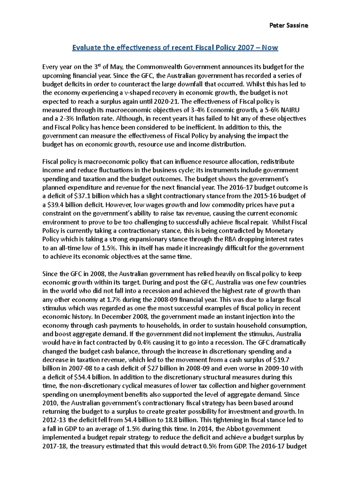 Fiscal Policy Essay - Grade: 20/20 - Peter Sassine Evaluate the ...