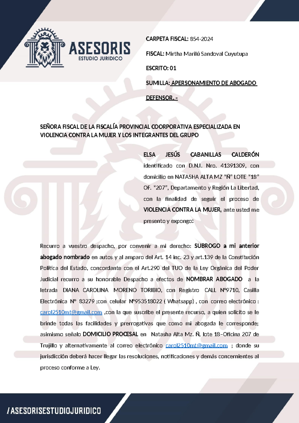Apersonamiento Señora ELSA - CARPETA FISCAL: 854- FISCAL: Mirtha Marilú ...