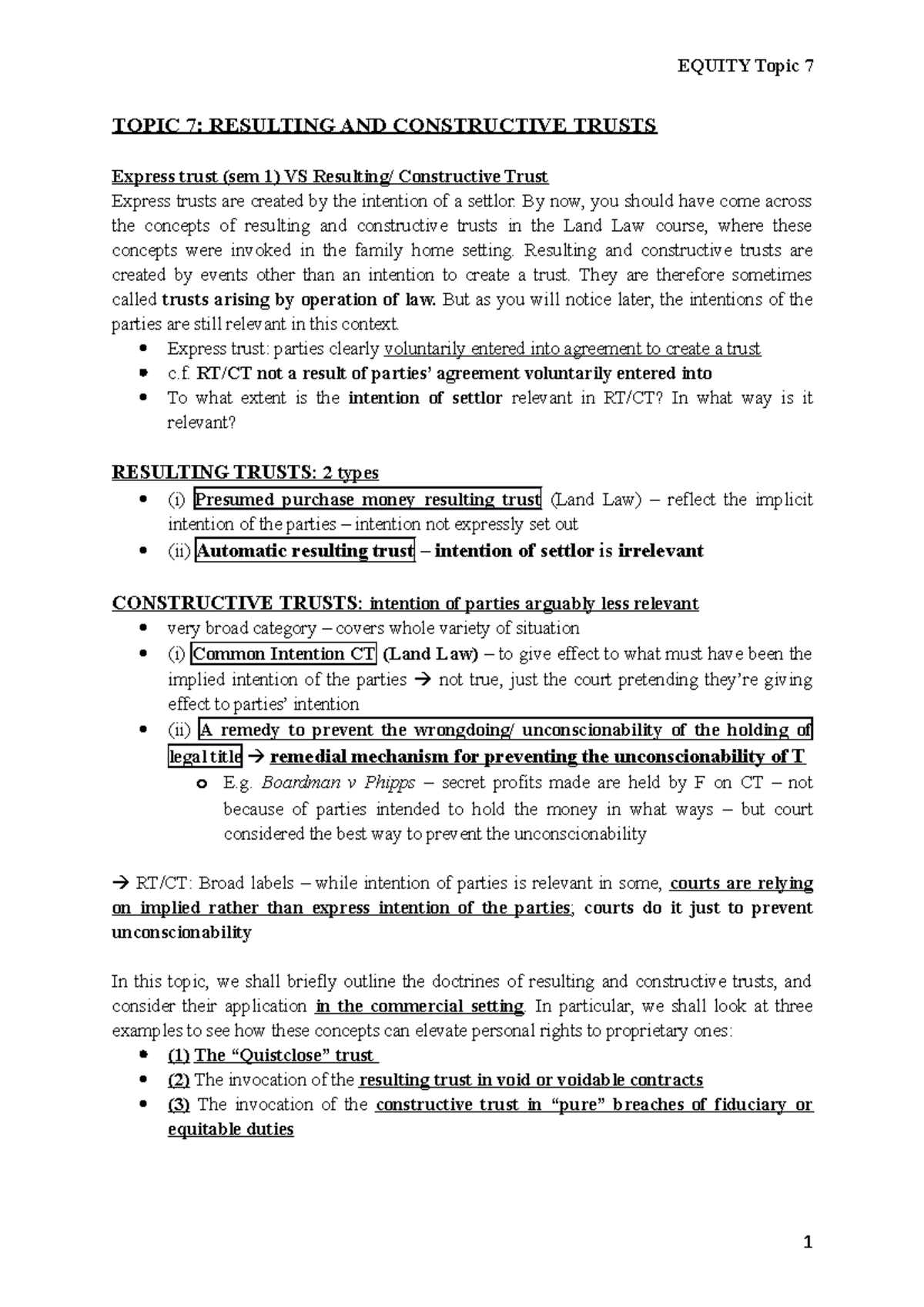 Equity Topic 7 - Resulting and Constructive Trusts - EQUITY Topic 7 TOPIC 7: RESULTING AND - Studocu
