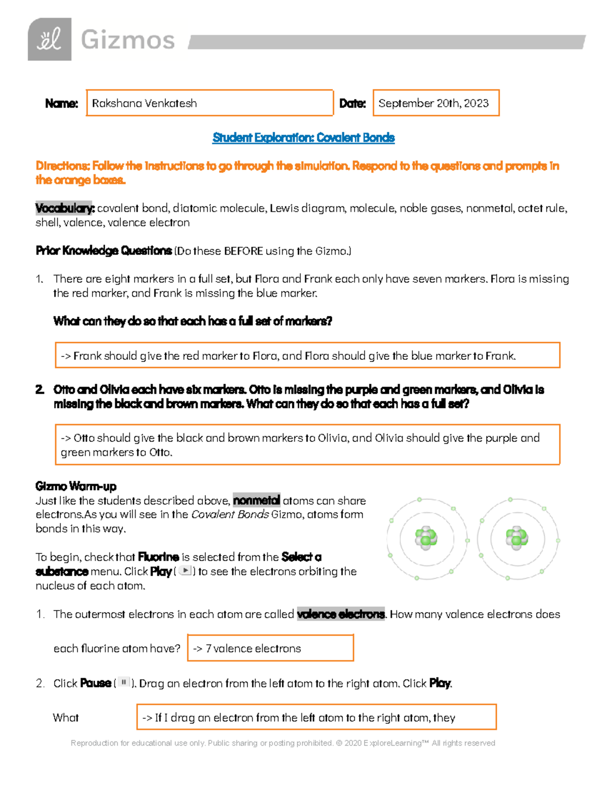 RV- Covalent Bonds Gizmo - Name: Rakshana Venkatesh Date: September ...