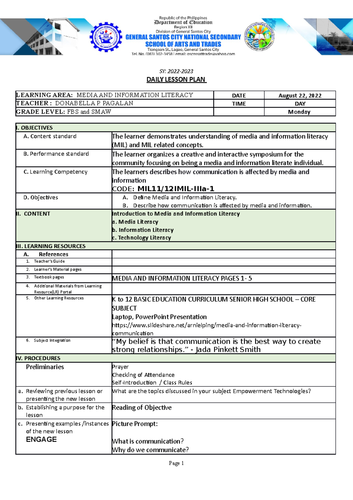MIL Lesson Plan Week 1 Dona - SY: 2022- DAILY LESSON PLAN LEARNING AREA ...