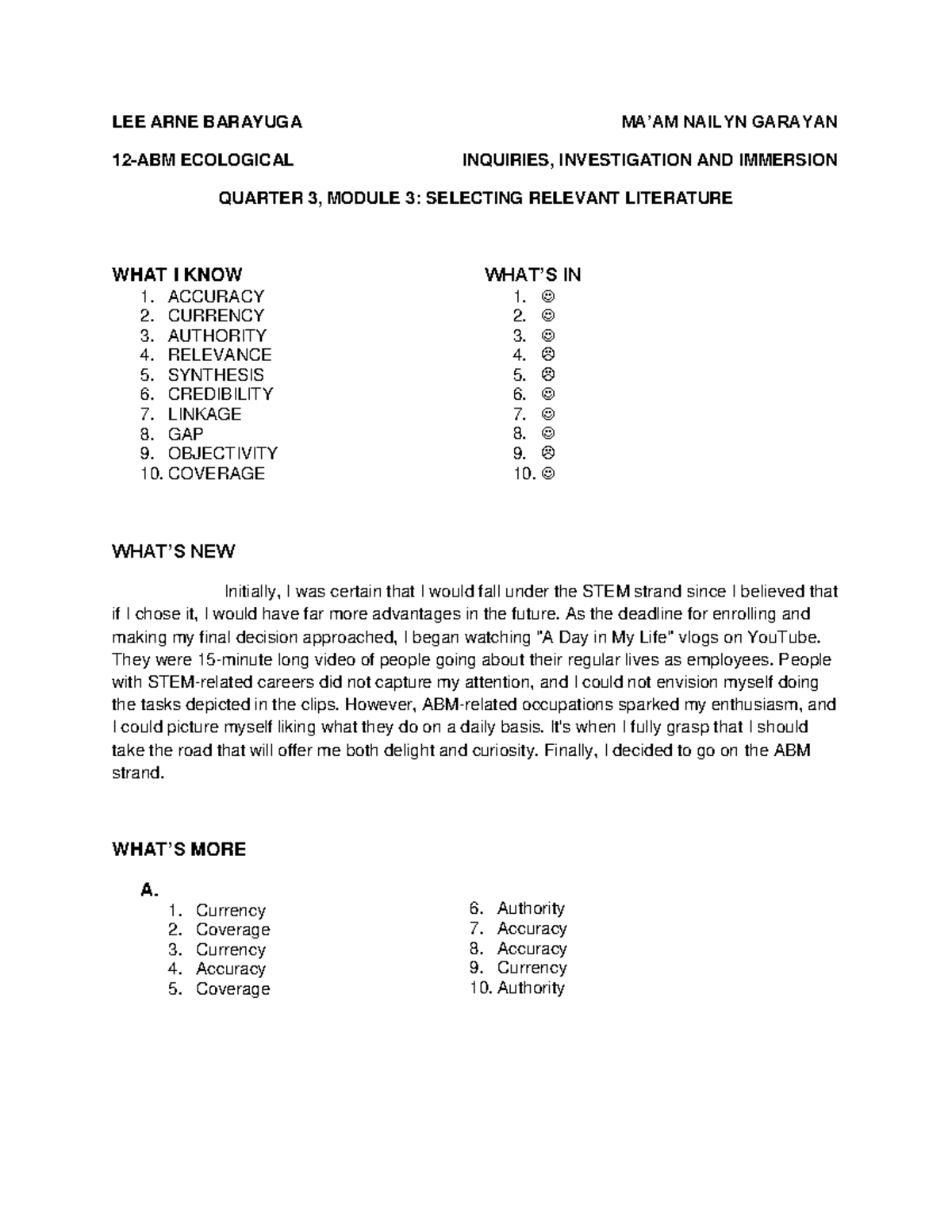 3IS Module 3 Selecting Relevant Literature - LEE ARNE BARAYUGA MA’AM ...