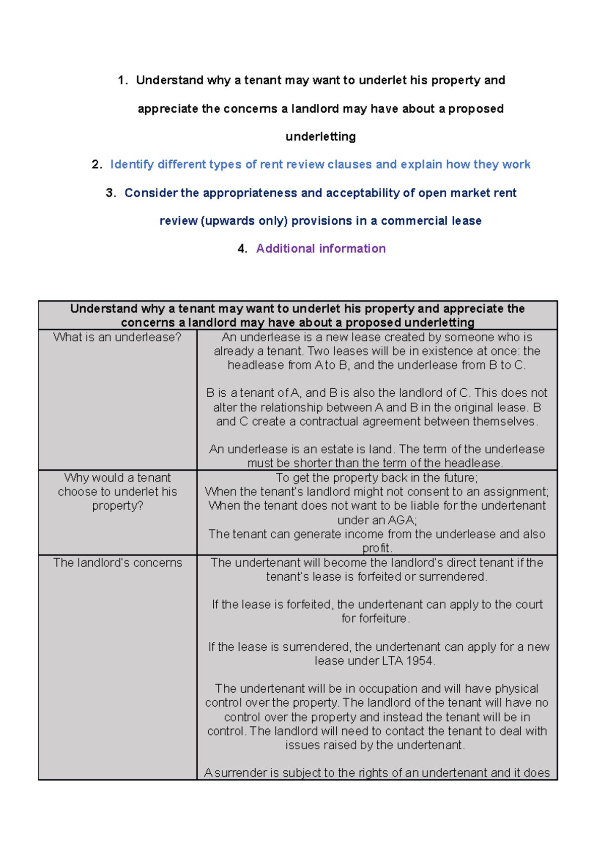 Underleasing and Rent Review - 1. Understand why a tenant may want to ...
