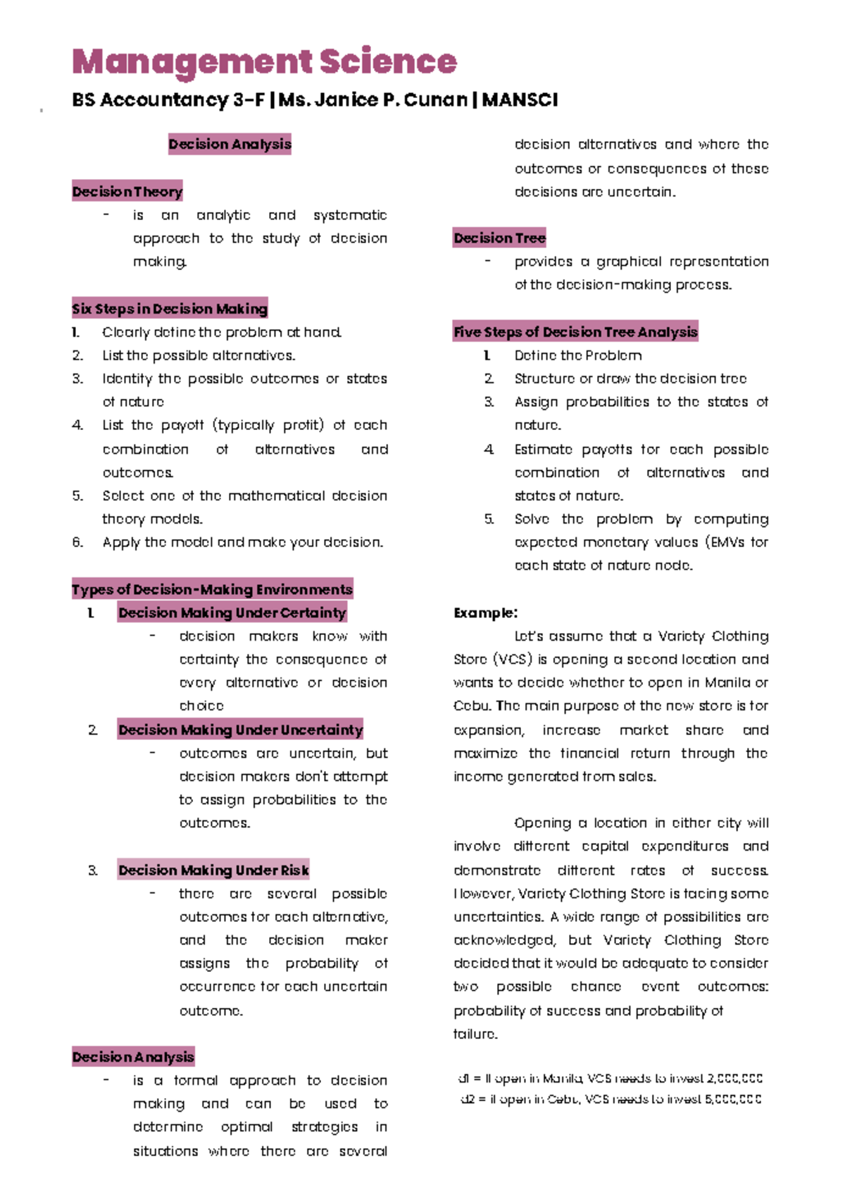 Lesson 3 - Decision Analysis - Management Science BS Accountancy 3-F ...