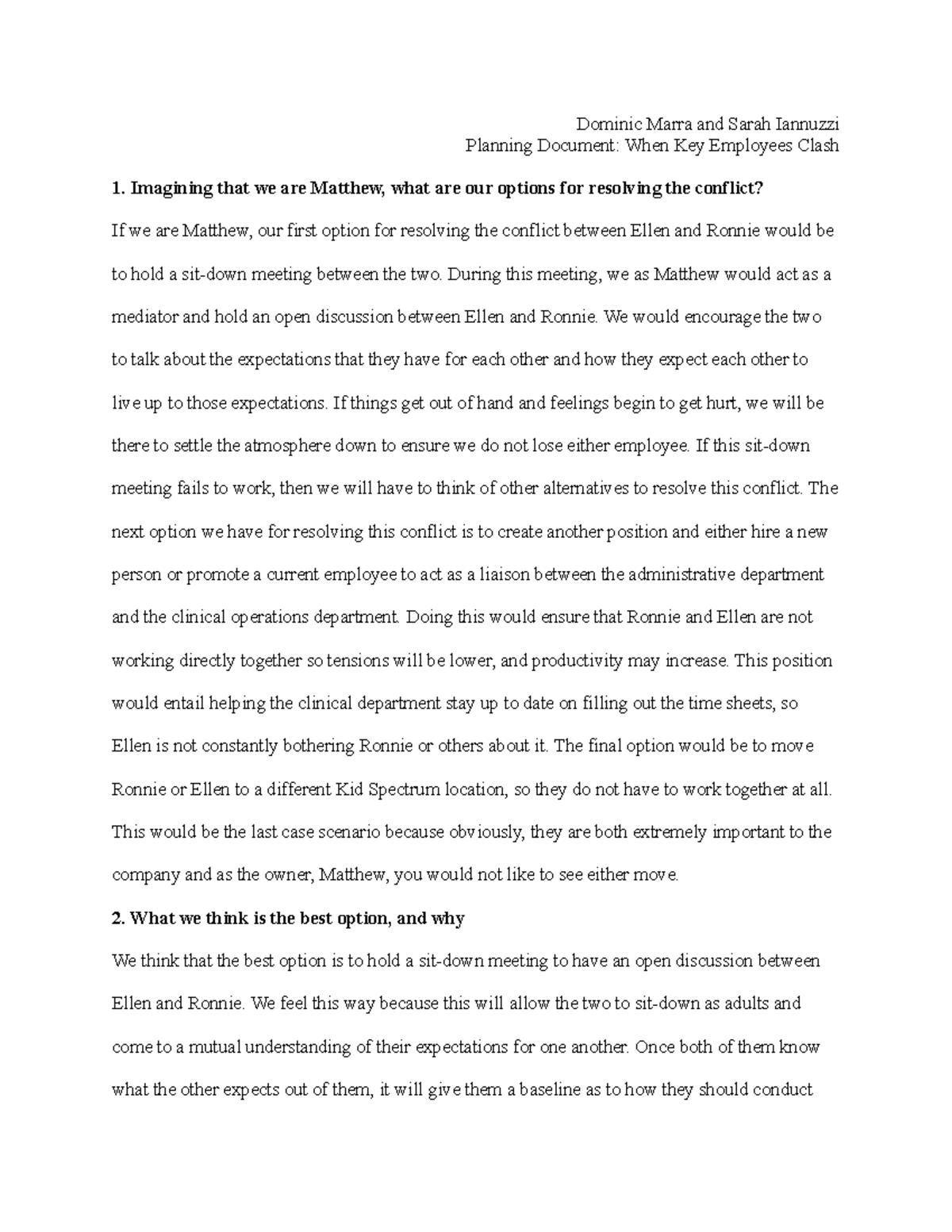 BUAD423-Planning Doc When Key Employees Clash - Dominic Marra and Sarah ...