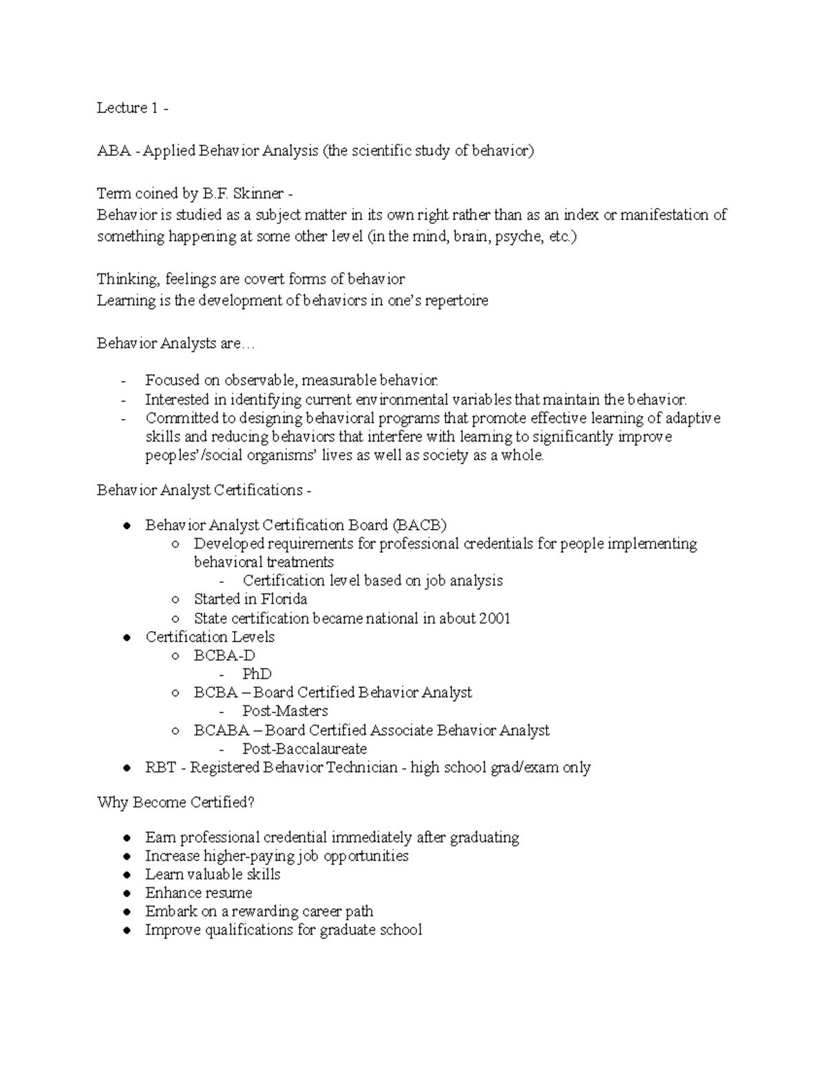 Combined Notes - Lecture 1 - ABA - Applied Behavior Analysis (the ...