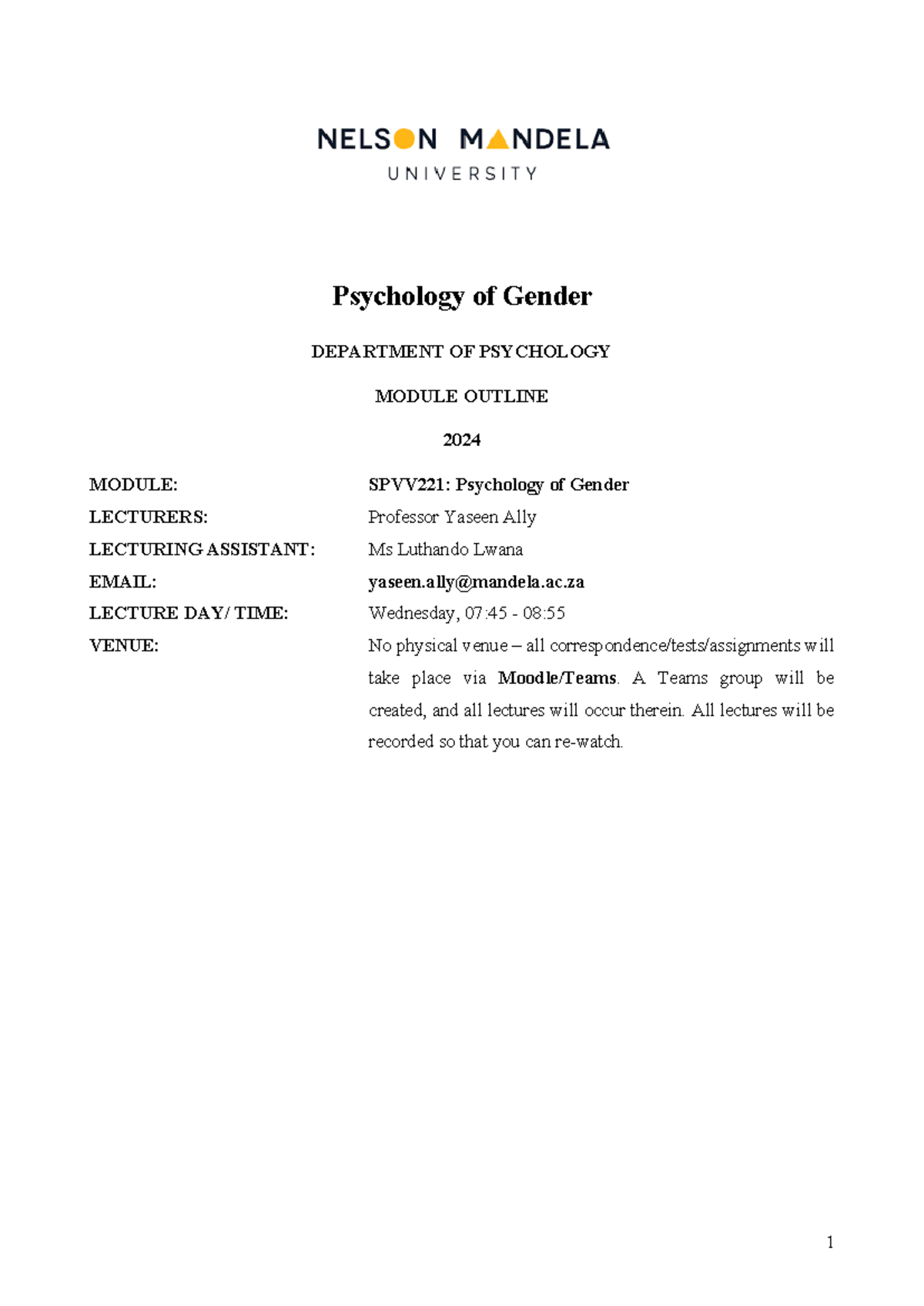 Updated Course Outline SPVV221 2024 - Psychology of Gender DEPARTMENT ...