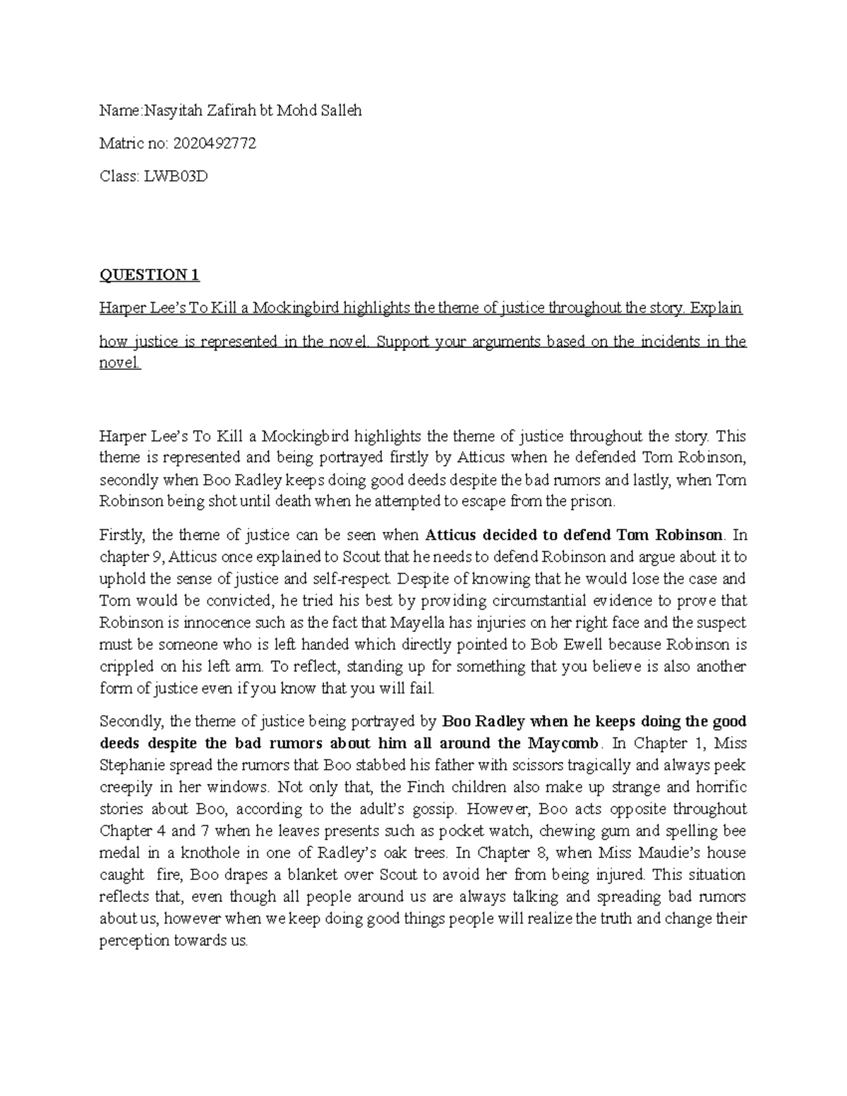 Written Relfection To Kill A Mockingbird - Name:Nasyitah Zafirah bt ...