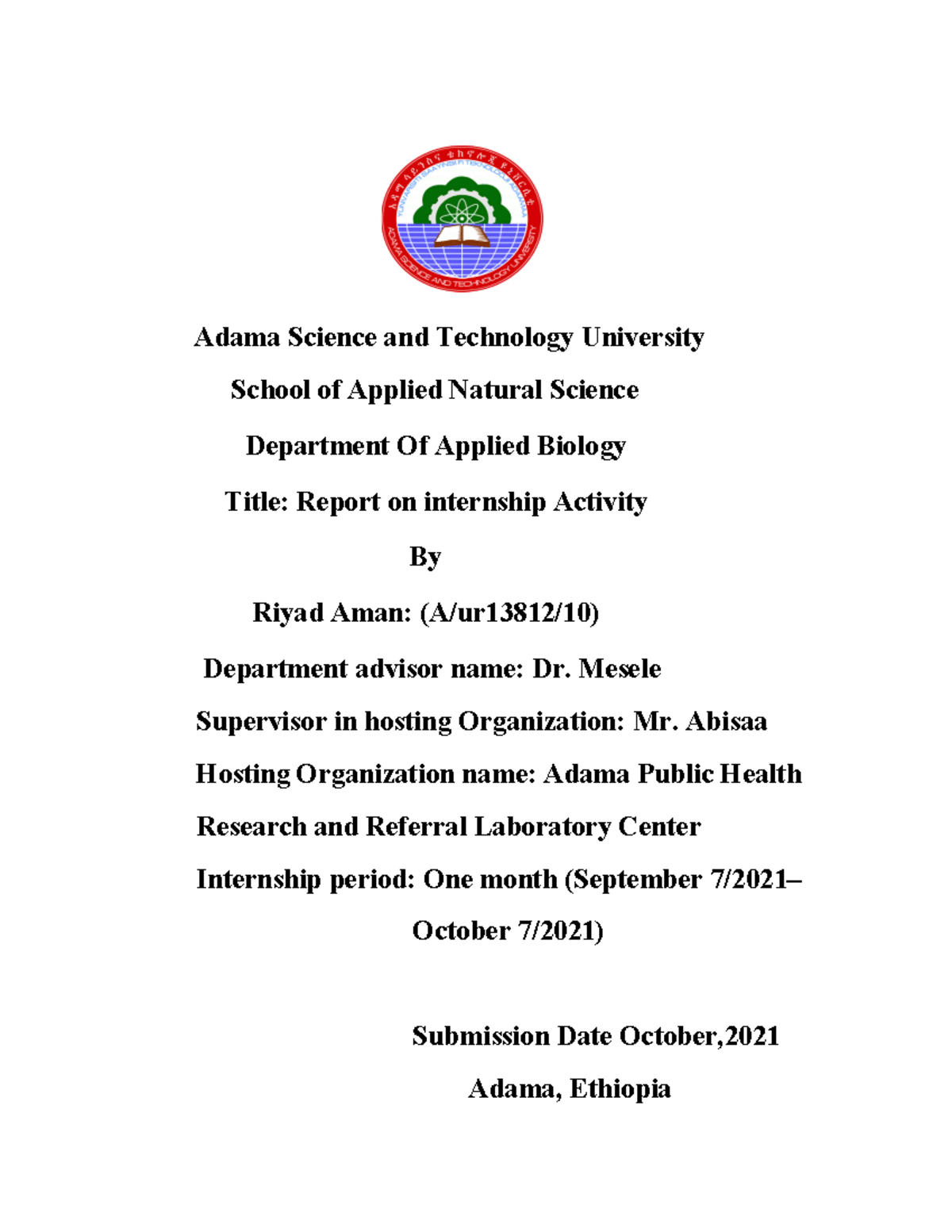 RDreport - k;nk; - Adama Science and Technology University School of ...