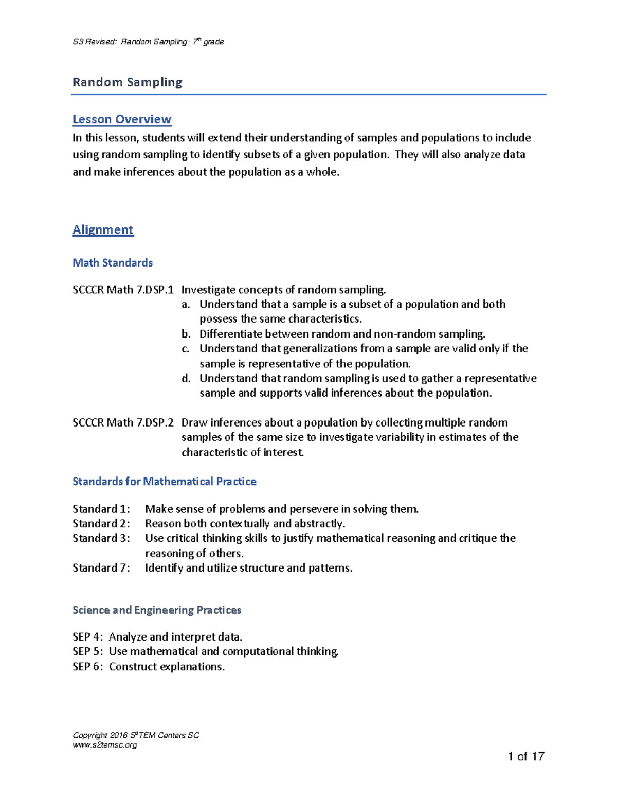 Math 7.dsp.1 7 - random sampling - Copyright 2016 S 2 TEM Centers SC ...