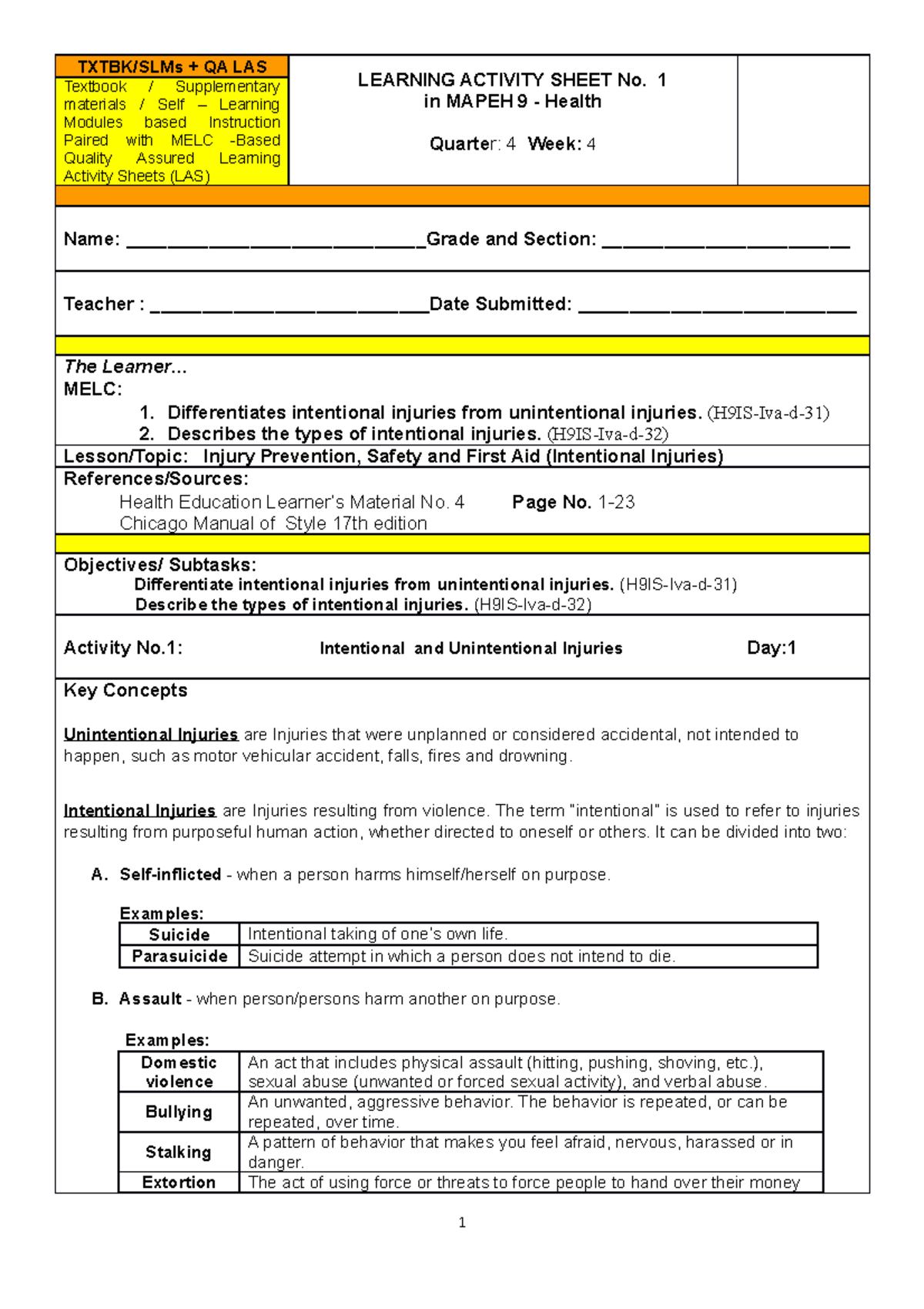 Q4 Health 9 LAS W4 A4 - TXTBK/SLMs + QA LAS LEARNING ACTIVITY SHEET No ...
