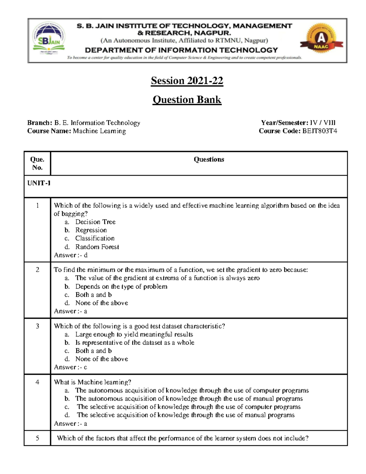 ML Question BANK - Session 2021- Question Bank Branch: B. E ...