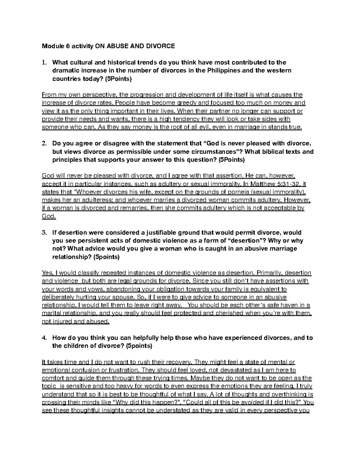 Module 6 activity on Abuse and Divorce - Module 6 activity ON ABUSE AND ...